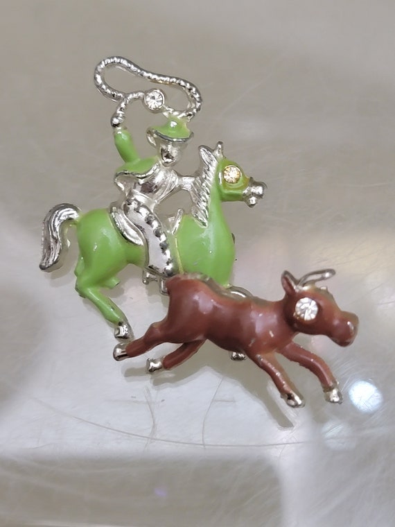 Mechanical Cowboy, Horse Roping A Calf Pin Brooch Ver… - Gem