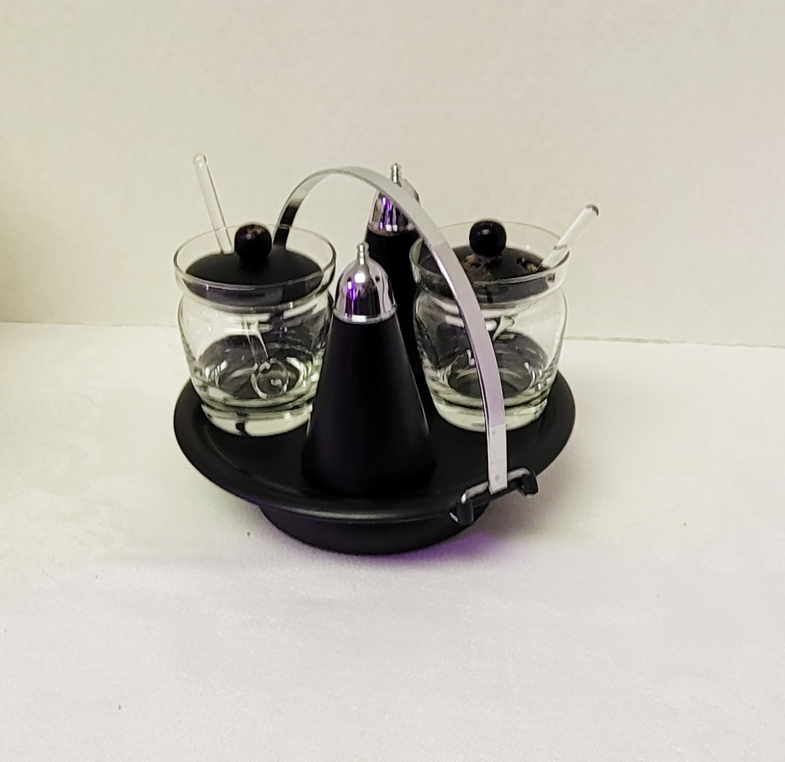 Condiment Set Lazy Susan Art Deco Silver Black Crystal Salt Pepper ...