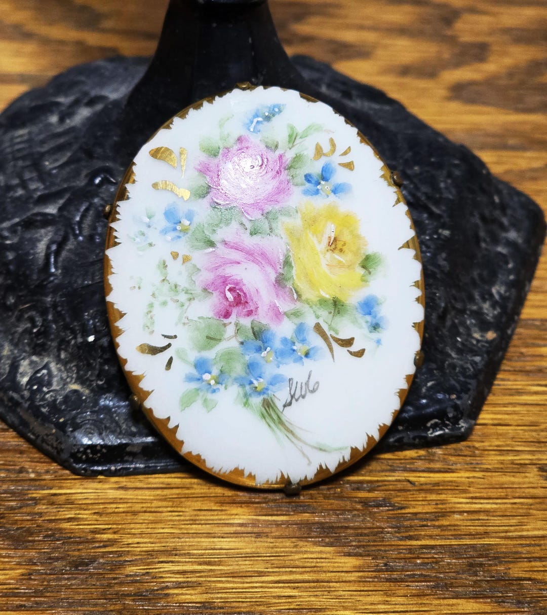Artist Signed Brooch Hand Painted Flowers Pastel Gold - Etsy