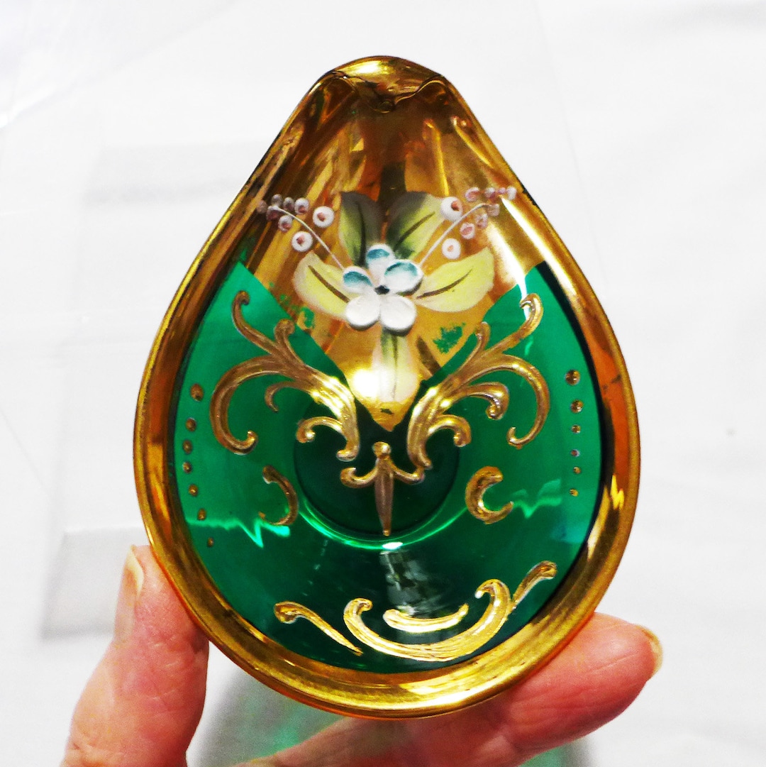 Beautiful Art Glass Trinket Dish Gold Green Floral Bohemian ...