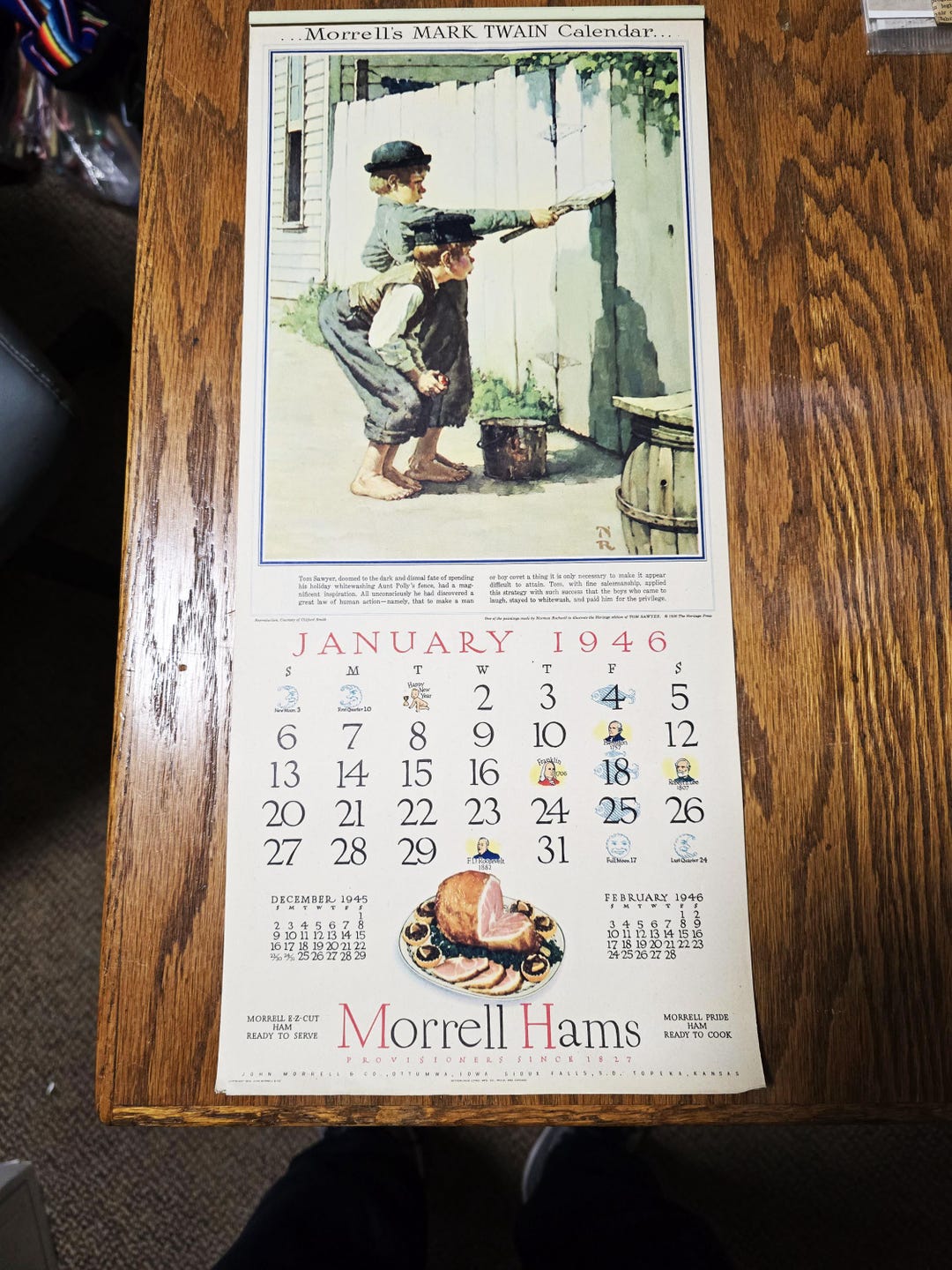 1946 Calendar Mark Twain Morrell Meats Norman Rockwell Minty RARE - Etsy