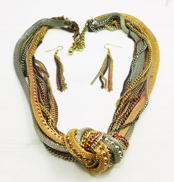 Multi Strand Chain Necklace Earrings Set Chains Gold … - Gem