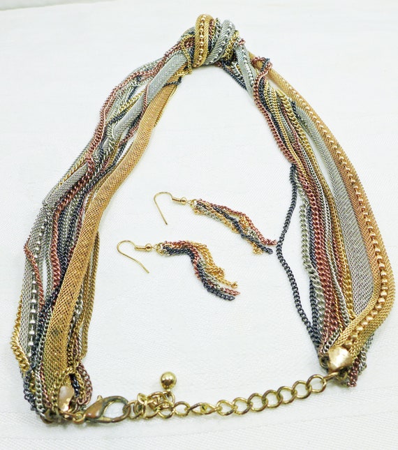 Multi Strand Chain Necklace Earrings Set Chains Gold … - Gem