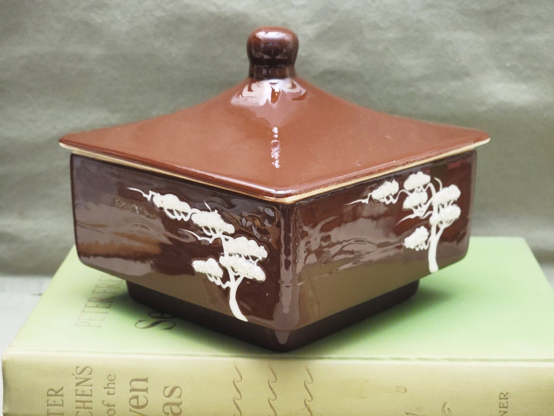 Vintage Japanese Ceramic Covered Box: Brown Bonsai Tree Trinket Dish - Etsy