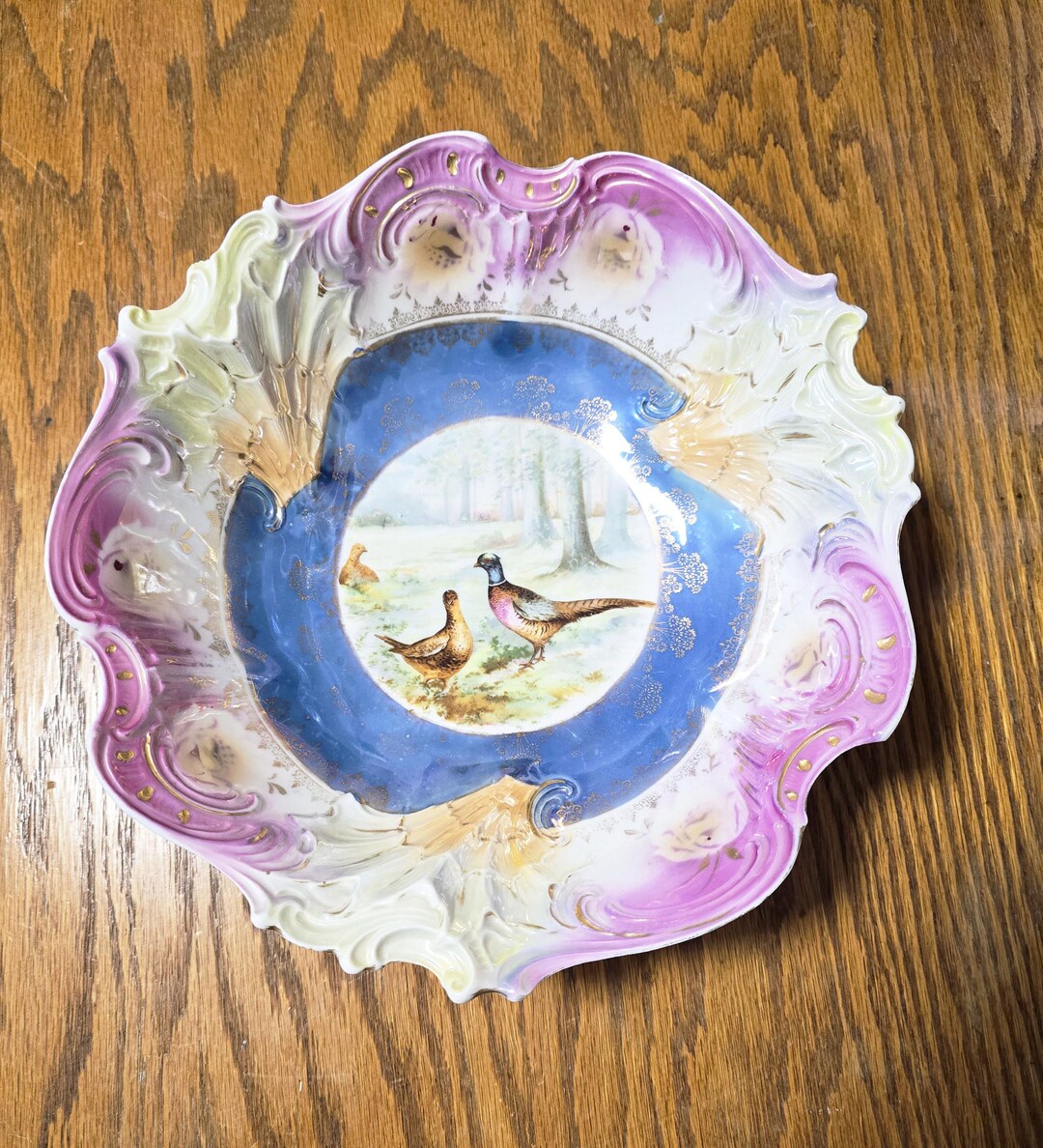 Centerpiece Bowl IPF Ilmenau Porcelain Germany Pheasants Iridescent ...