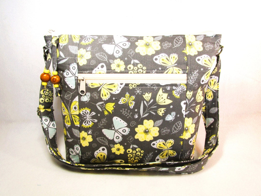 Butterfly Gray Cross Body Washable Fabric Purse Easy Pull Zipper ...