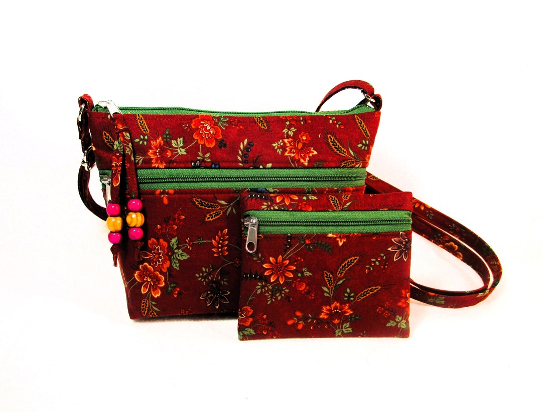 Burgundy Floral Cross Body Small Fabric Purse Matching Coin Purse ...