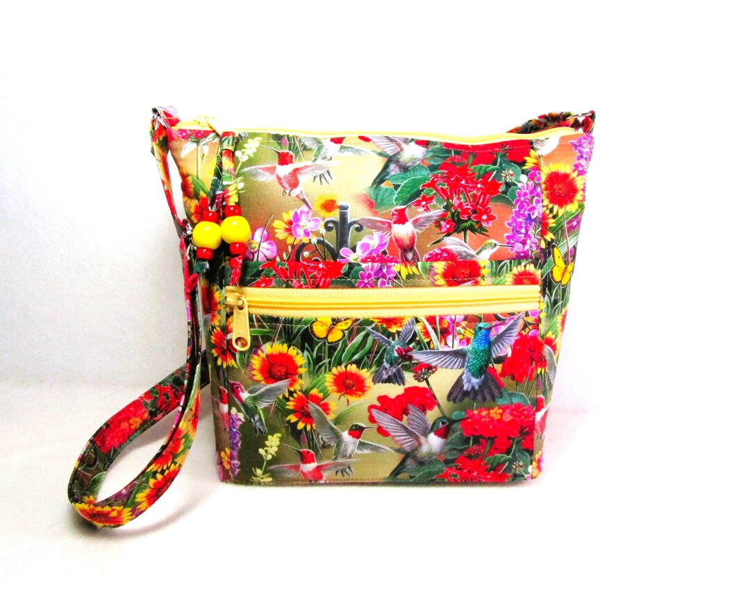 Hummingbirds Medium Cross Body Fabric Handbag 10 Storage Pockets Medium ...
