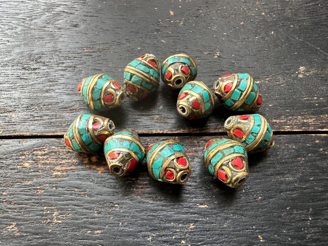 Nepal Tibetan Turquoise Coral Brass Inlay Beads, Ethnic Handmade ...