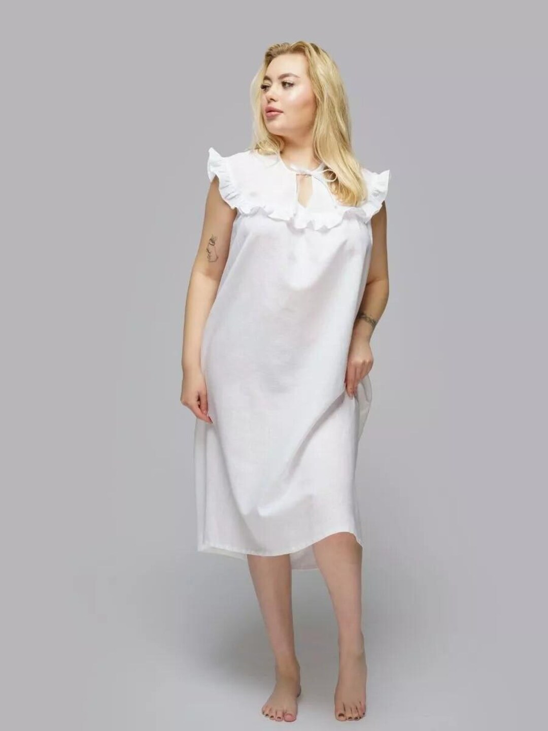White Linen Nightgown, Plus Size Ruffle Sleep Dress, Loose Fit ...