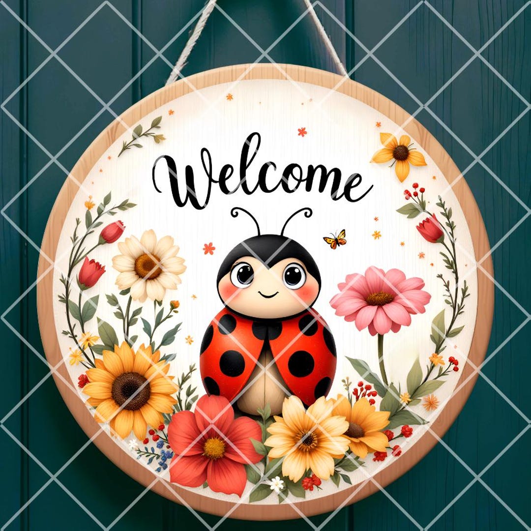 Ladybug Welcome Sublimation Design - Cute Floral Round Door Hanger PNG ...