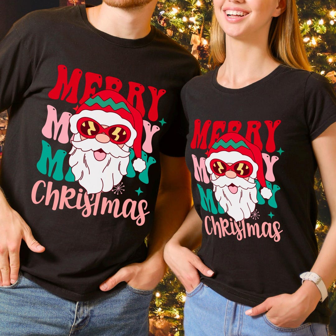 Merry Christmas Matching T-shirts, Retro Santa Claus Graphic Tee for ...