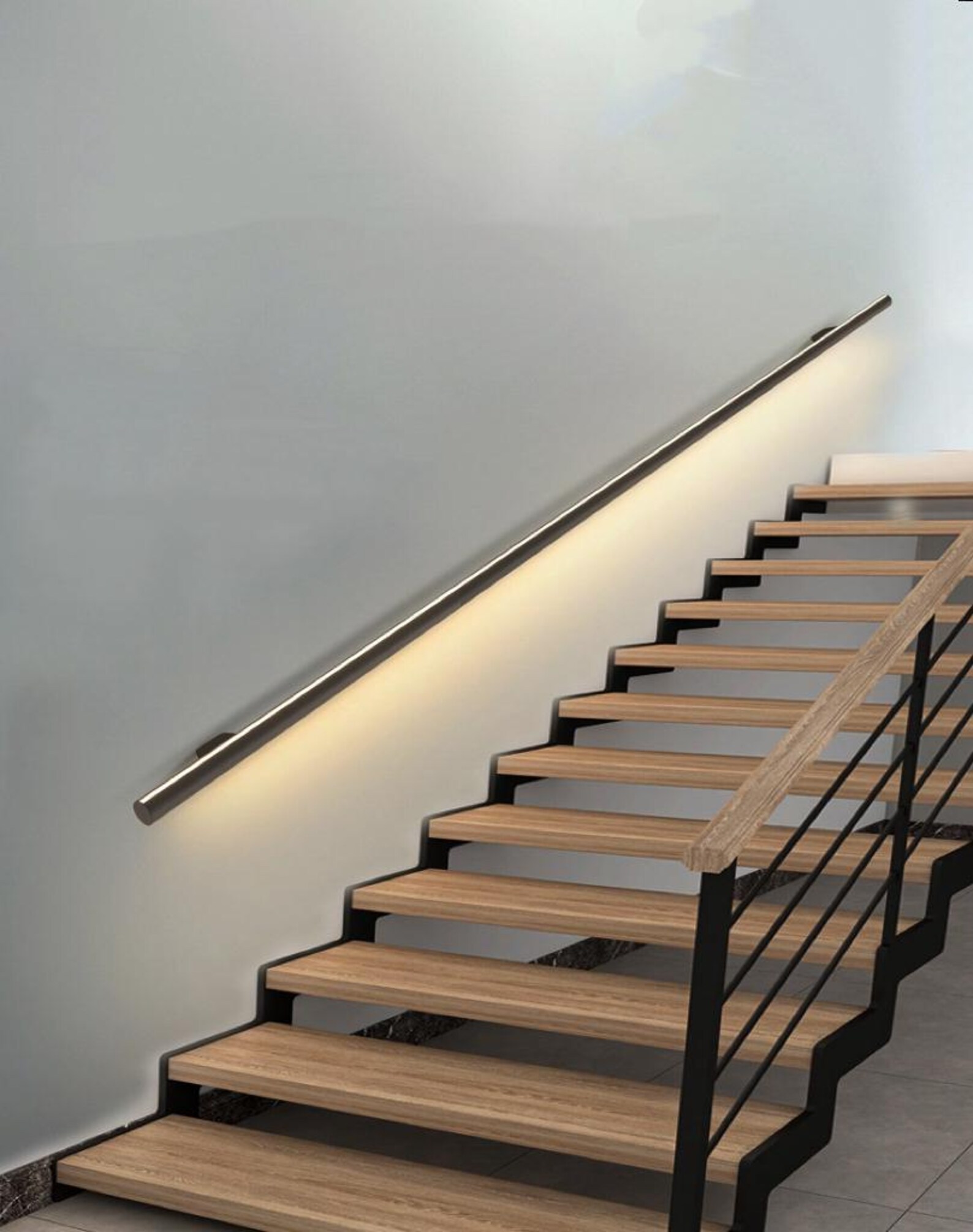 Modern Metal Stair Handrail With LED Motion Sensor Light, Customizable ...