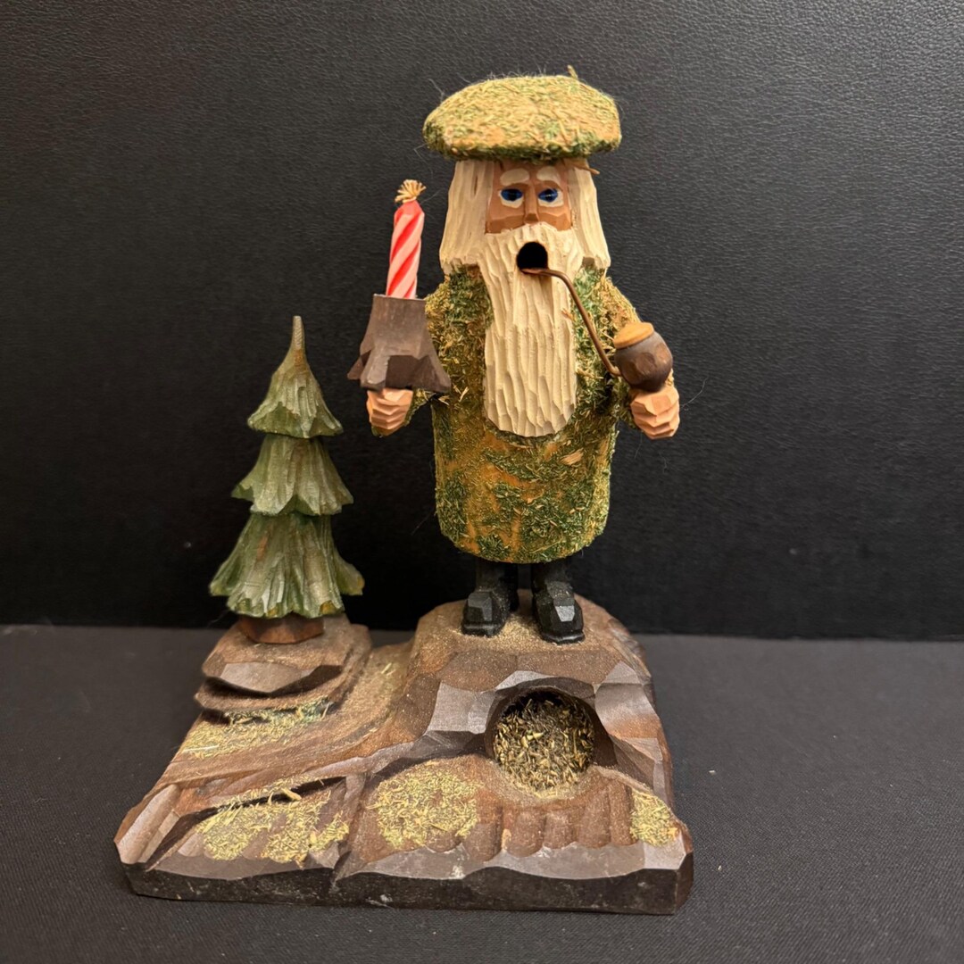 Hand-carved German Smoker Figurine Moss Detail Candle & Pipe Wooden ...