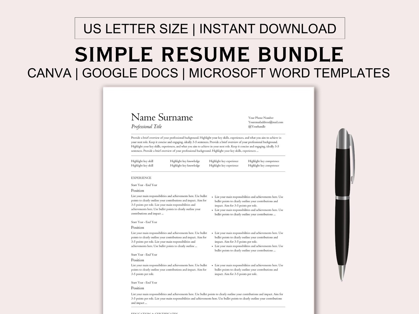 RESUME TEMPLATE CANVA, Instant Download, Microsoft Word Google Doc Cv ...