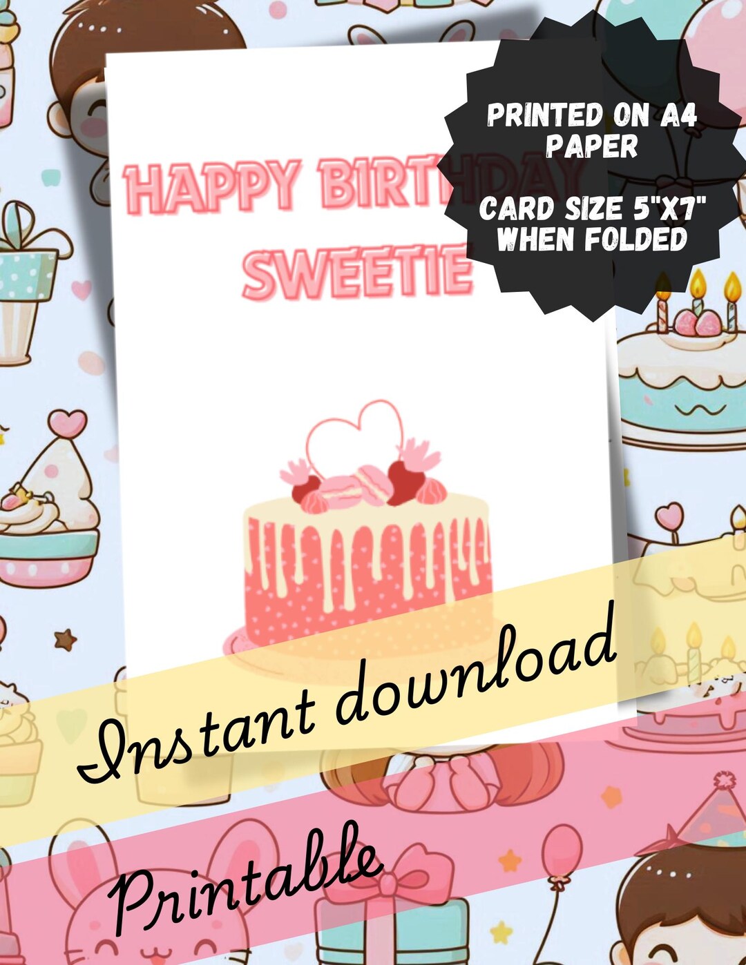 Happy Birthday Sweetie Card, Cute Birthday Card With Cake and Hearts ...