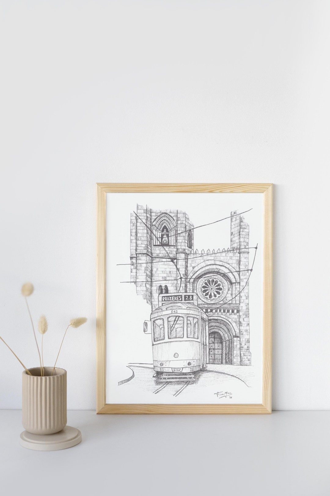 Printable Art Sketch of Tram and Lisbon Building Minimal Art Digital ...