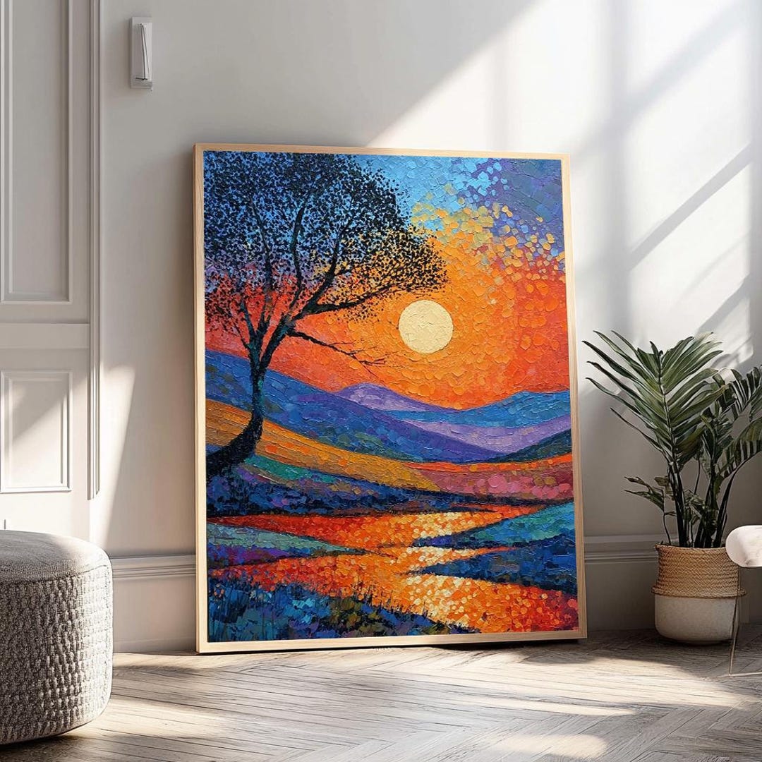 Pointillism Autumn Sunset Oil Painting: Hand-painted Landscape Art - Etsy