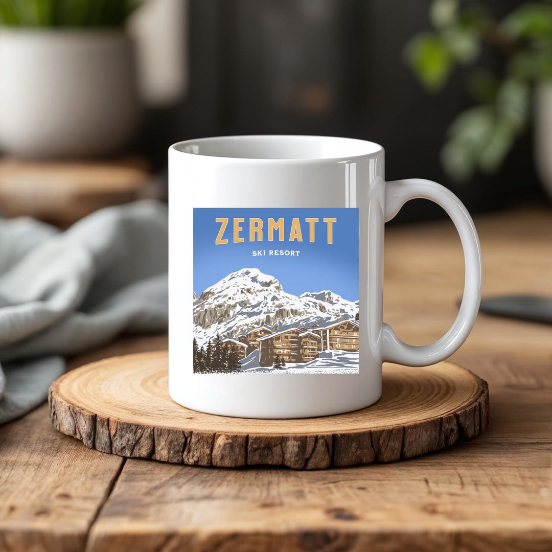 Zermatt Ski Resort Mug, Swiss Alps Souvenir Coffee Cup, Snowy Mountain ...