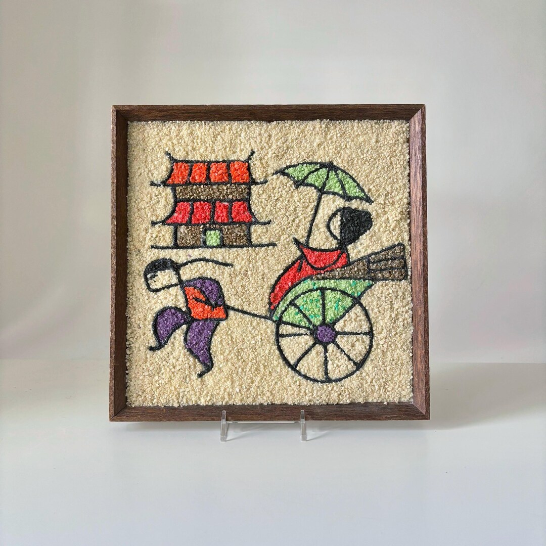 Mid Century Pebble / Gravel / Sand Art Rickshaw and Temple Design - Etsy