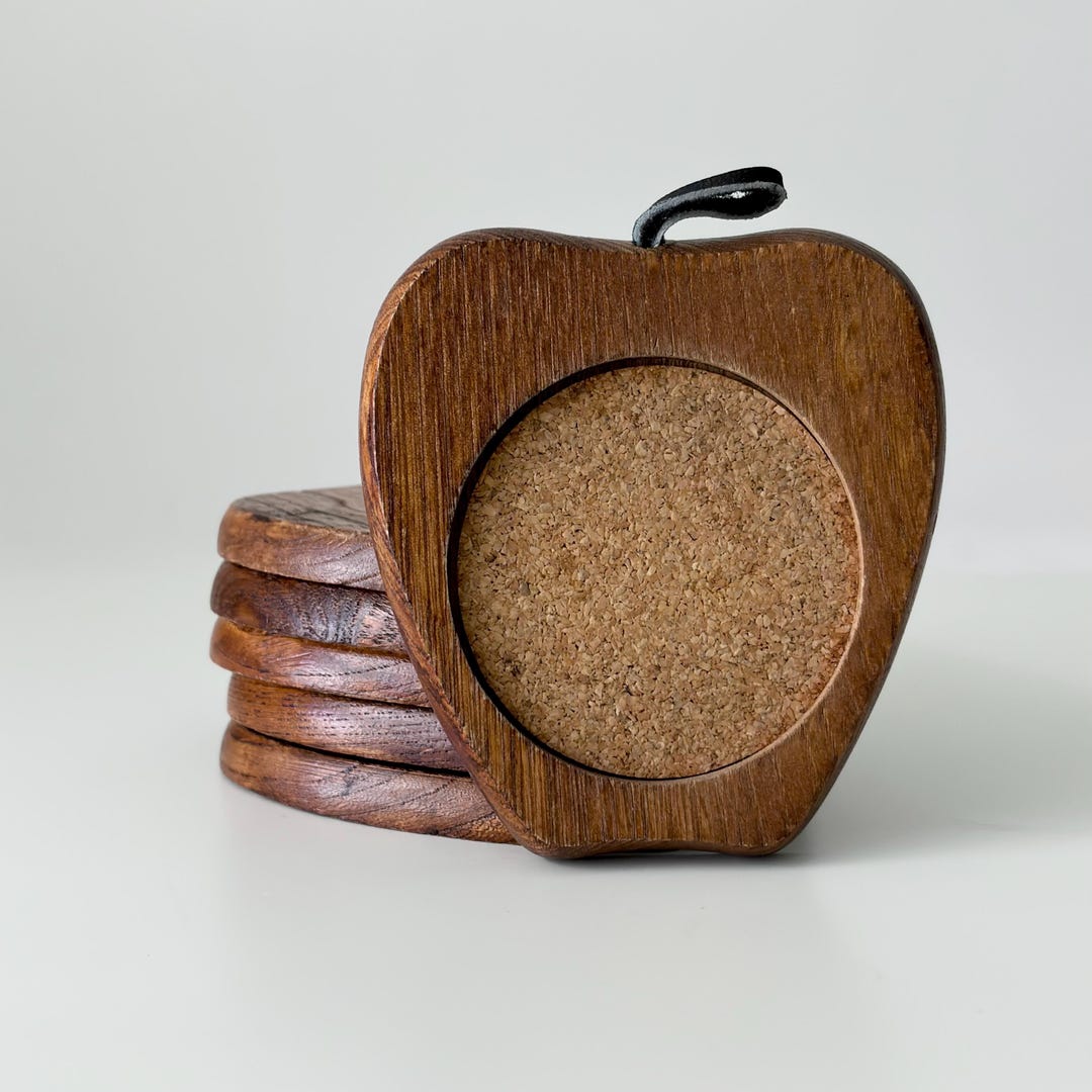 Vintage Set of Cork and Wood Apple Coasters - Etsy