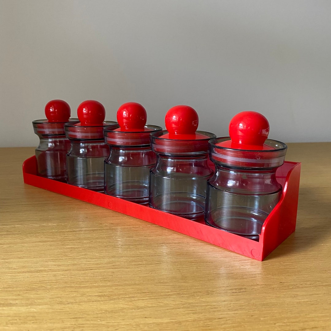 Vintage Red Mod Plastic Jar Set/spice Rack in Smoky Gray With Bubble Lids, 1983, Unused in ...