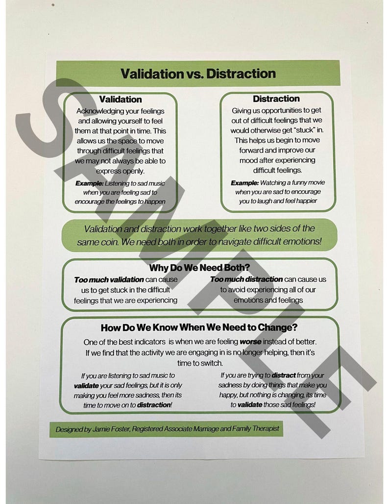 Validation Vs. Distraction | COPING SKILL WORKSHEET - Etsy