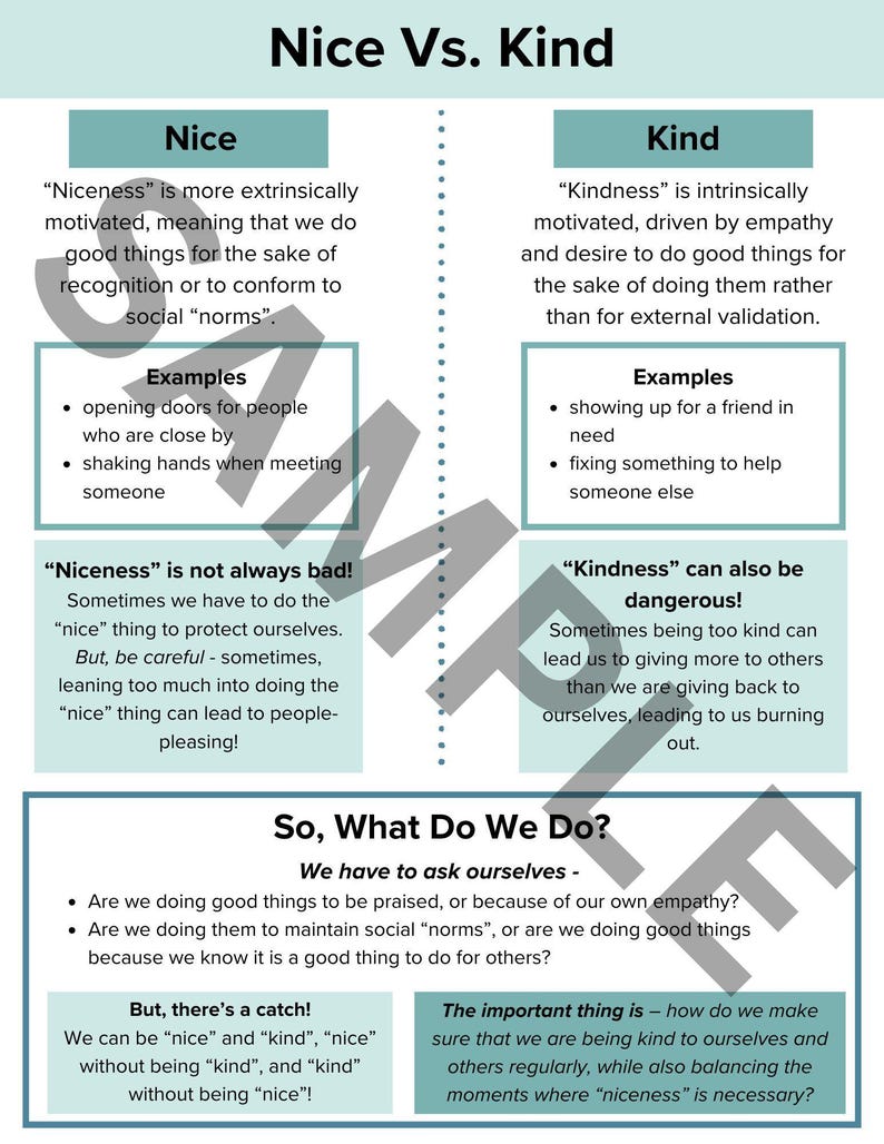 Nice Vs. Kind | THERAPY INFO SHEET - Etsy