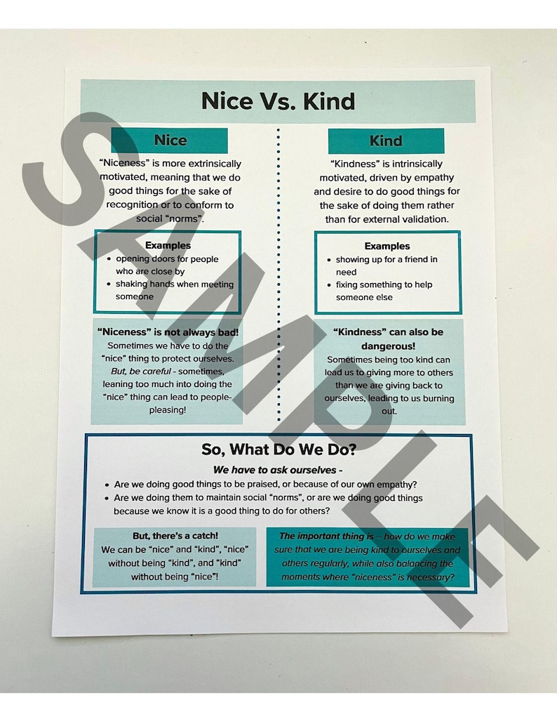 Nice Vs. Kind | THERAPY INFO SHEET - Etsy