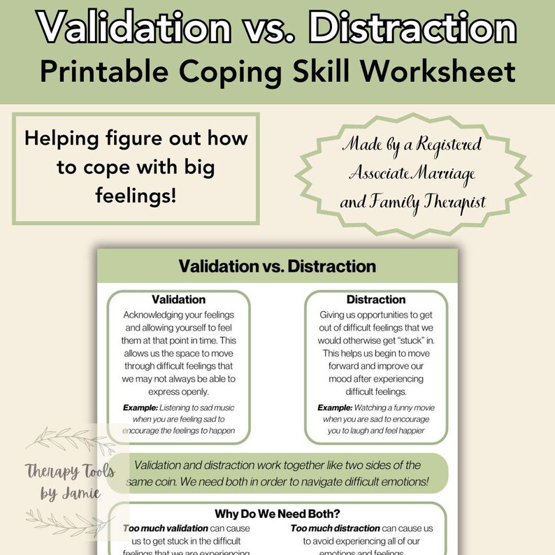 Validation Vs. Distraction | COPING SKILL WORKSHEET - Etsy