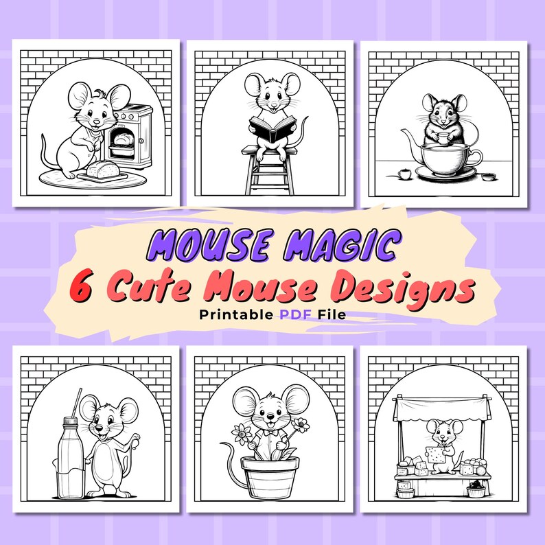 Printable Mouse Coloring Pages for Kids & Adults 6 Cute Designs Instant ...