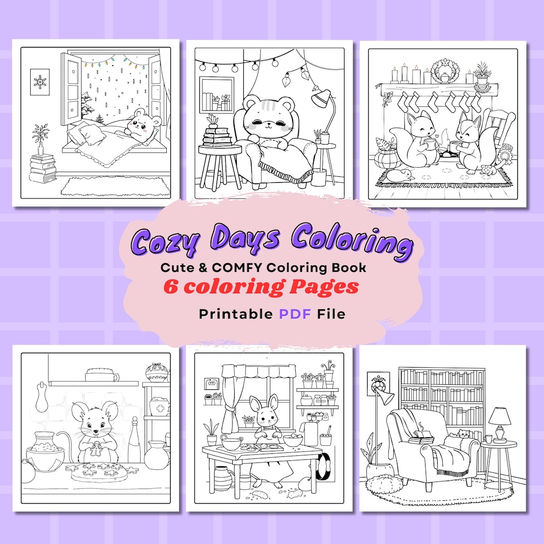 Cozy Days Coloring Book 6 Pages, Cute & Comfy Coloring Pages, Kawaii ...