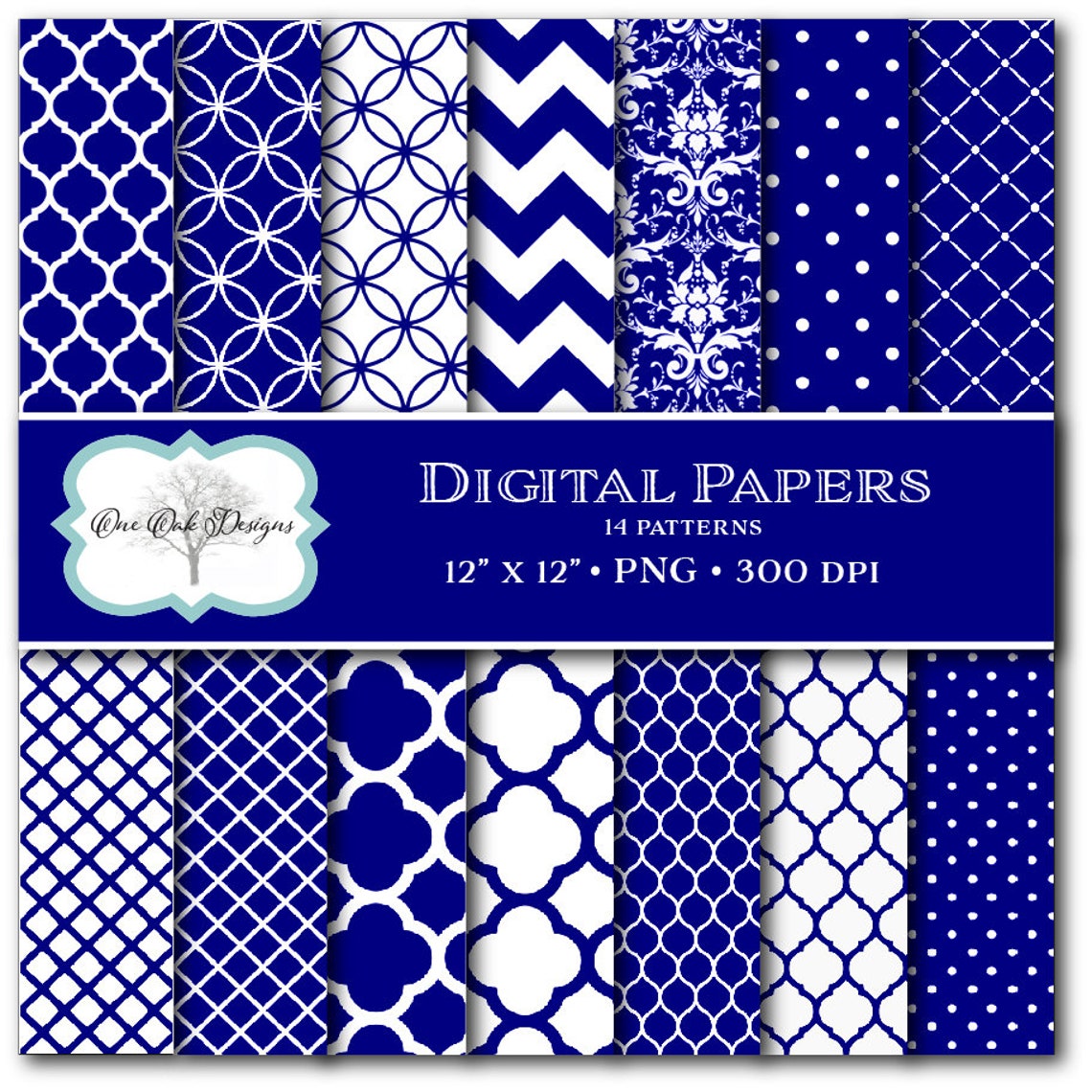 Blue Digital Paper Collection Chevron Quatrefoil Damask | Etsy