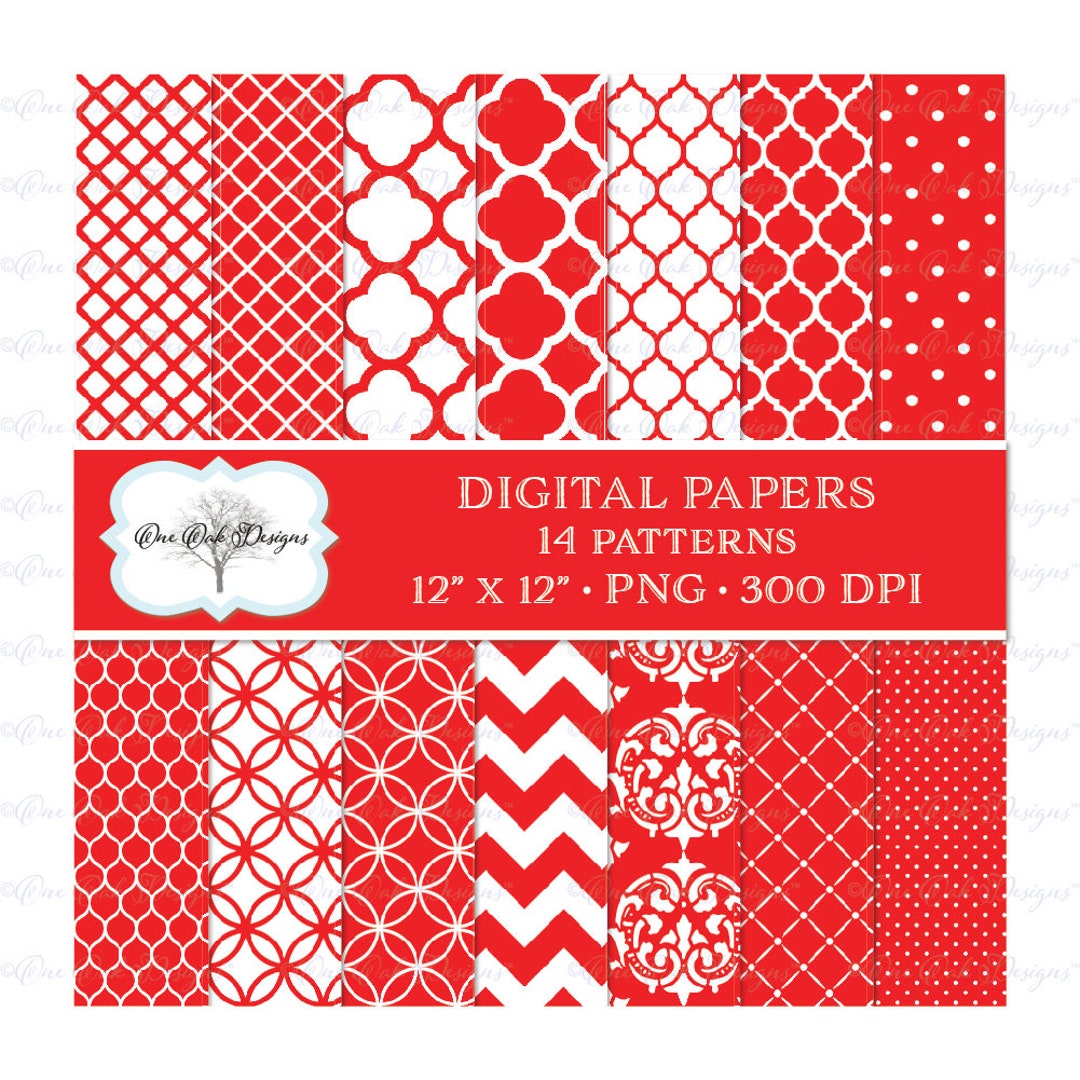 Red Digital Paper Collection Chevron Quatrefoil Damask Lattice Polka ...
