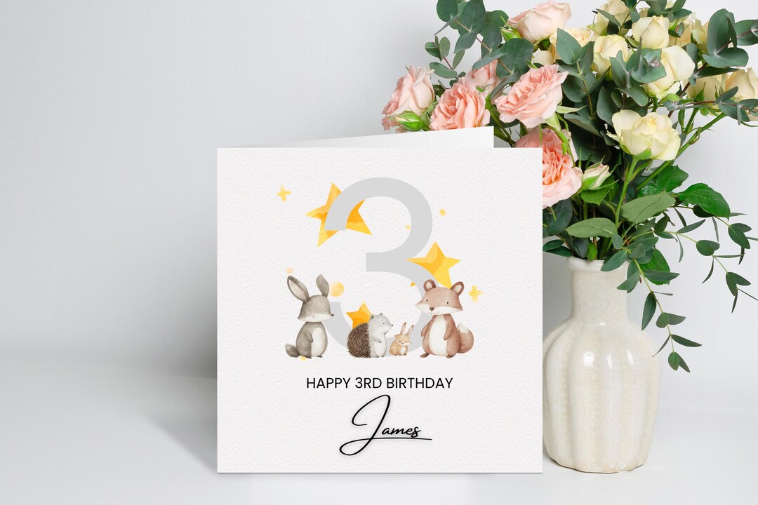 Woodland 3r Birthday Card for Boy, Personalised 3rd Birthday Card ...