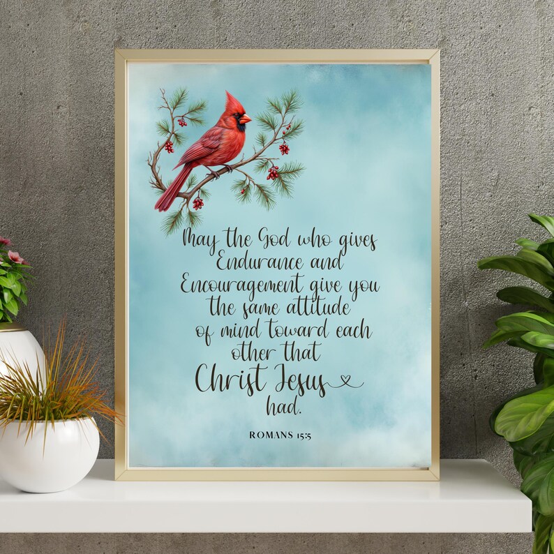 Romans 15:5 Bible Verse Wall Art Image - Blue Sky, Red Cardinal - Etsy