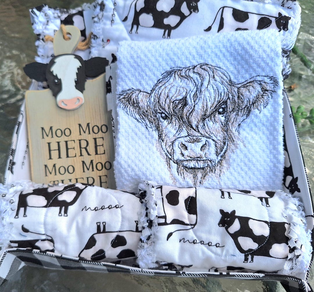 Cow Gift Set Black and White Cows Potholders Embroidered Hanging Towel ...