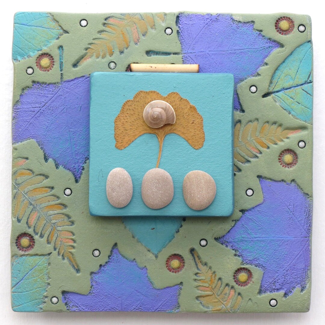 Nature Inspired Ceramic Tile Assemblage, Beach Stone Art (4.25"x4.25 ...