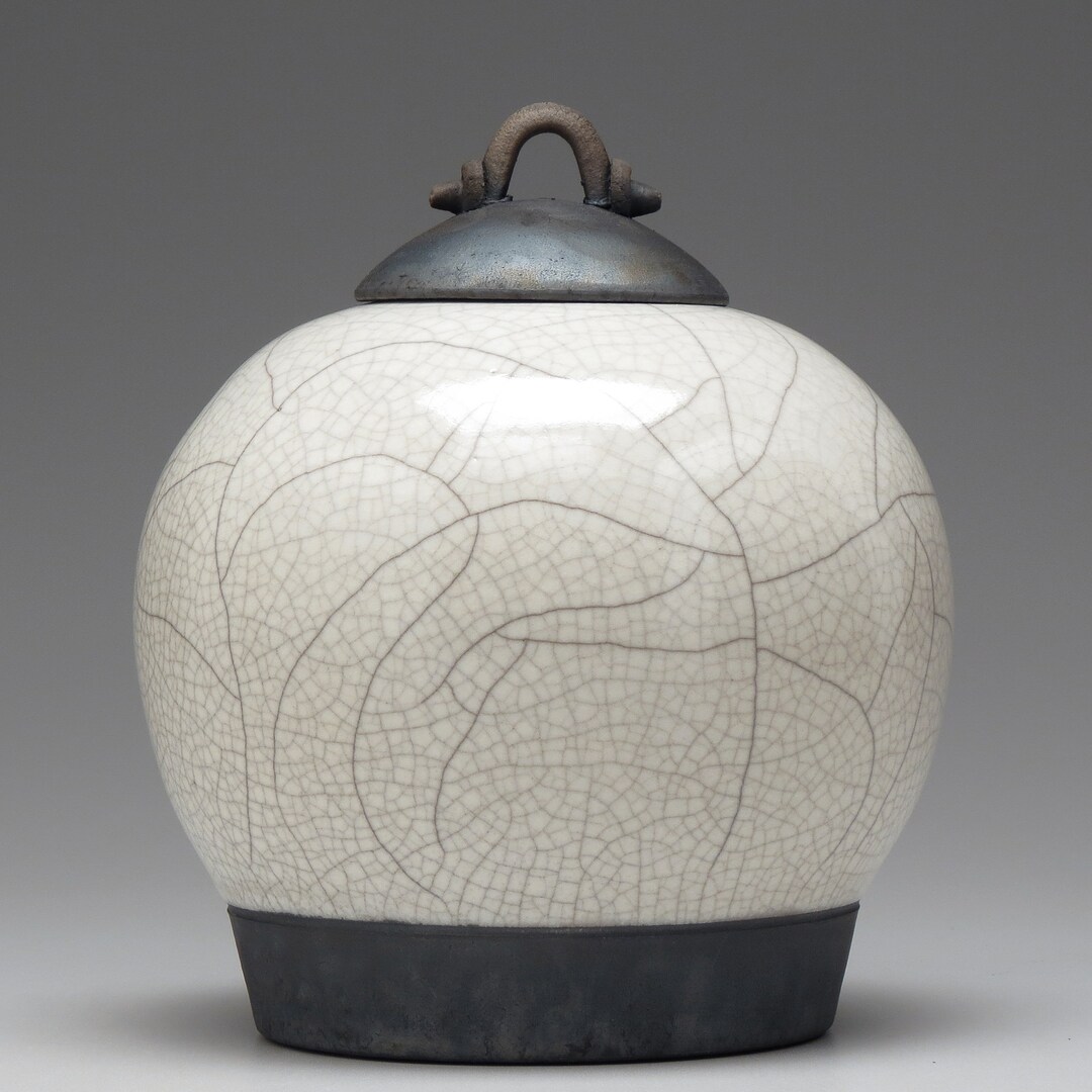 Jar With Lid, White Crackle Raku Ceramic Jar, Pottery, Home Decor ...
