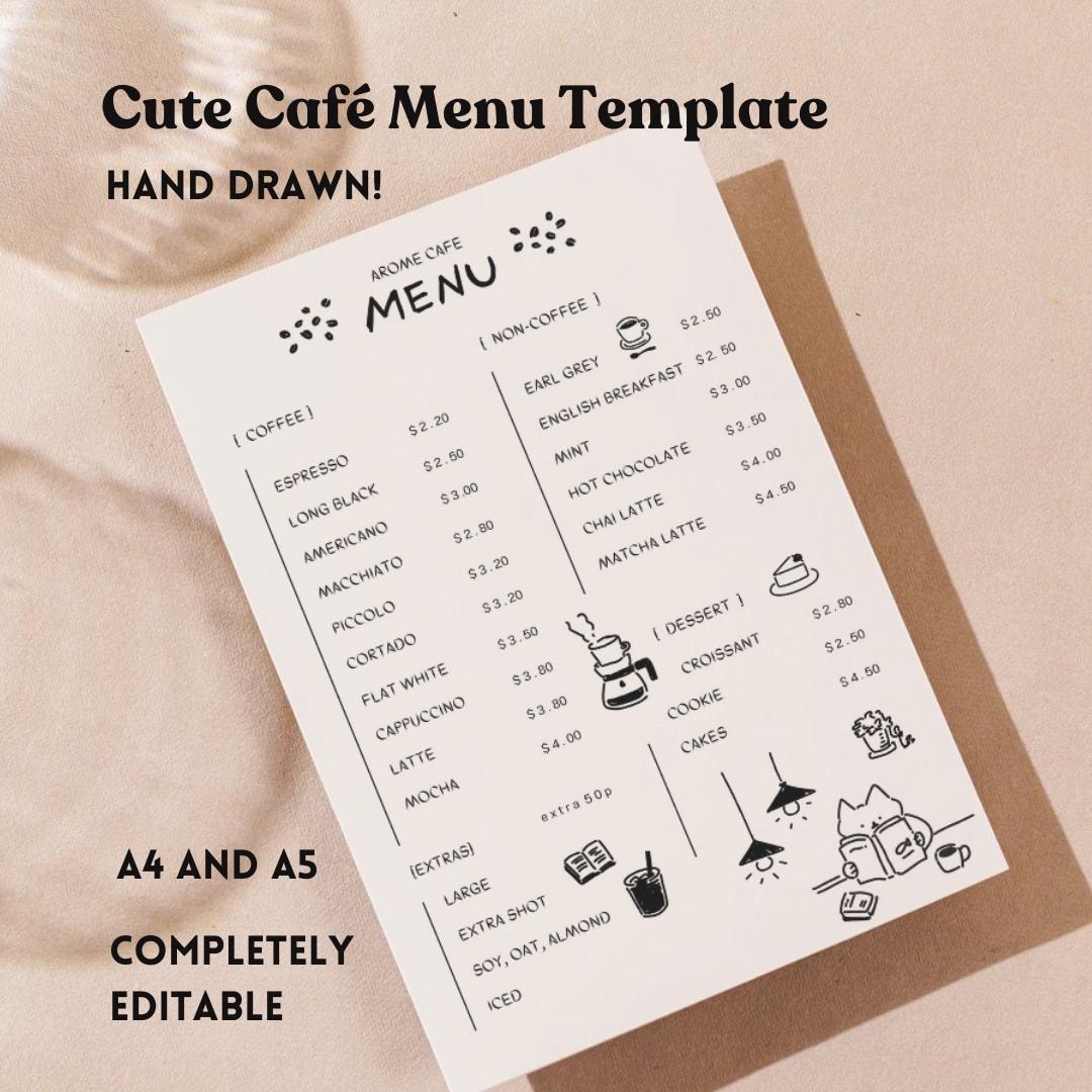 Cute Hand-drawn Cafe Menu Template | Perfect for Coffee Shops, Bakeries ...