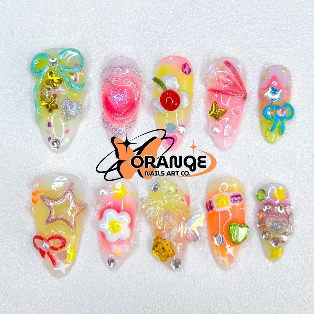 Playful Girlhood Press on Nails, Custom Nails Art, 3D Nails, Colorful ...