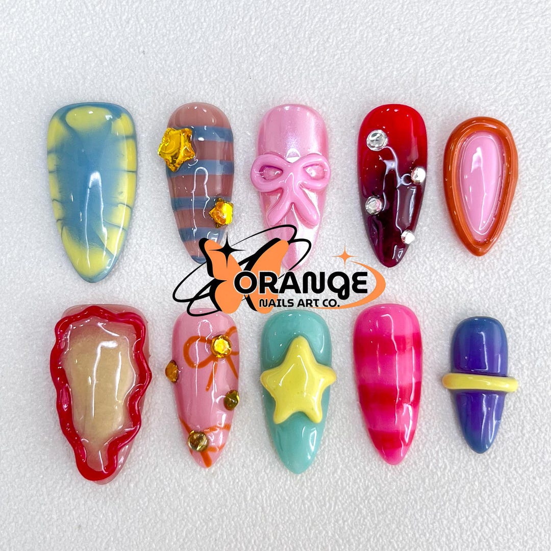 Vibrant Stardust Press on Nails, Custom Nails Art, 3D Nails, Colorful ...