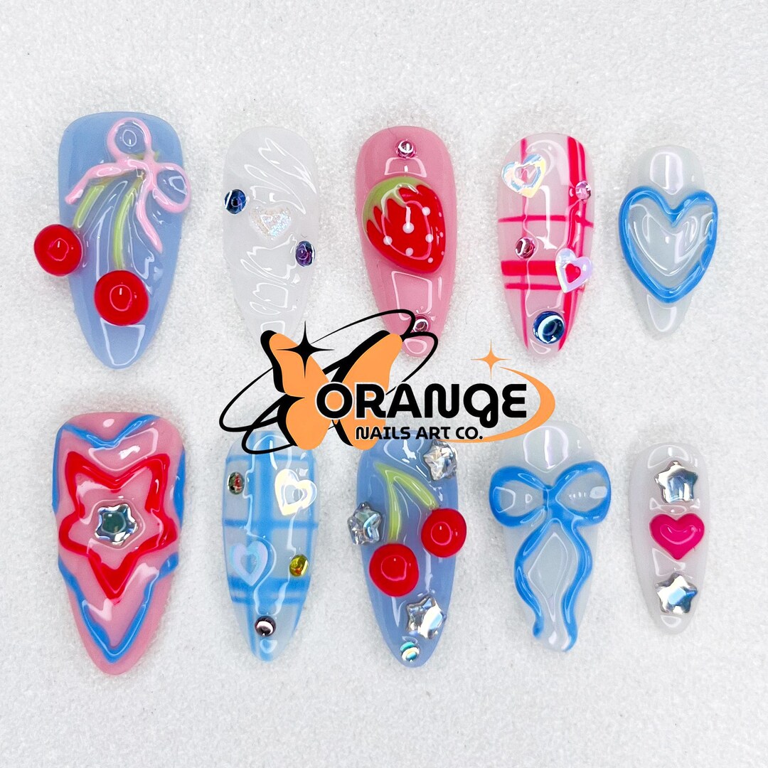 Berry Drizzle Spark Press on Nails, 3D Nails Art, Dopamine Nails, Fruit ...