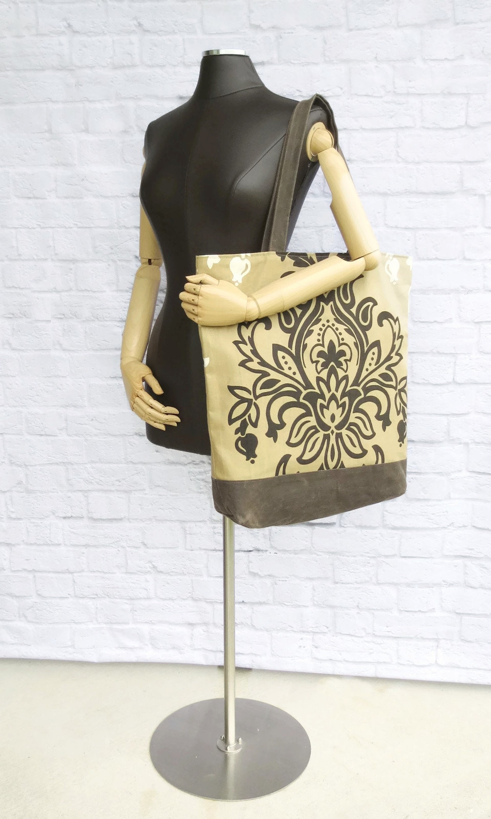 CLEARANCE Extra Large Damask Tote with Waxed Canvas Bottom | Etsy