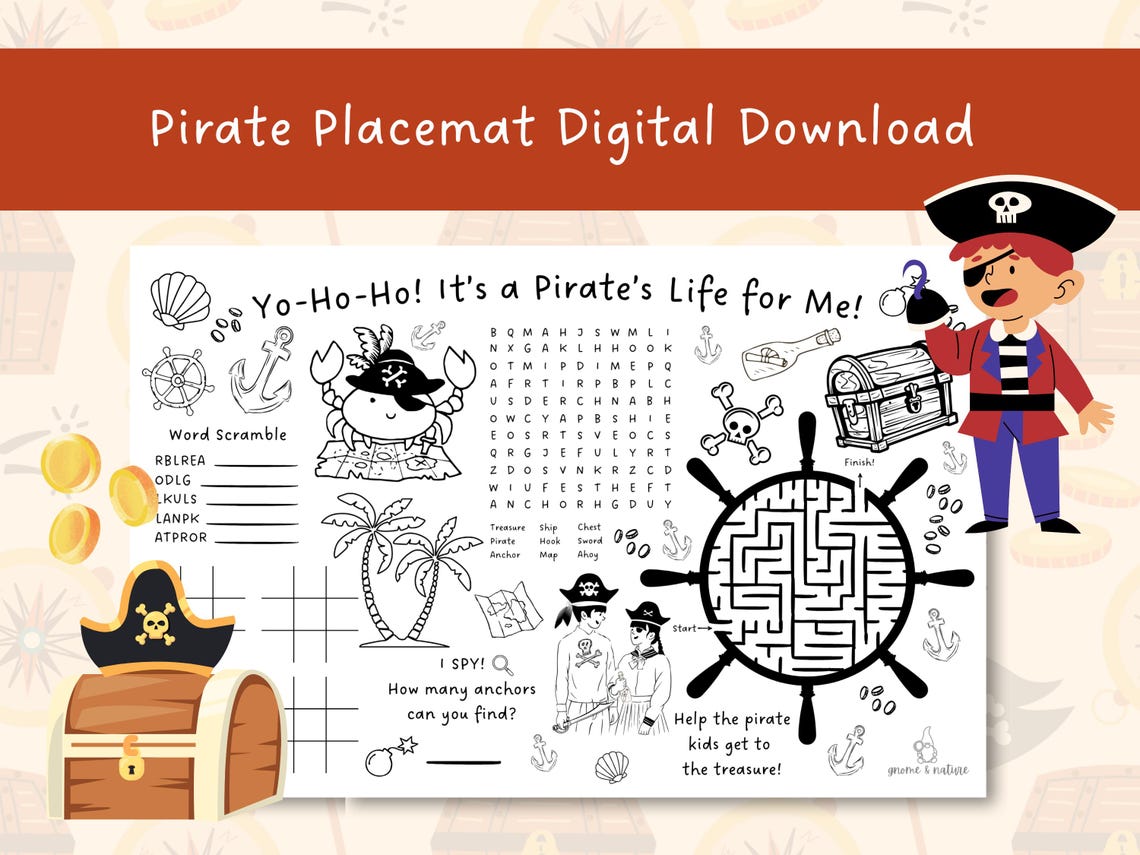 Pirate Activity Placemat: Kids Coloring, Maze, Word Games (digital ...