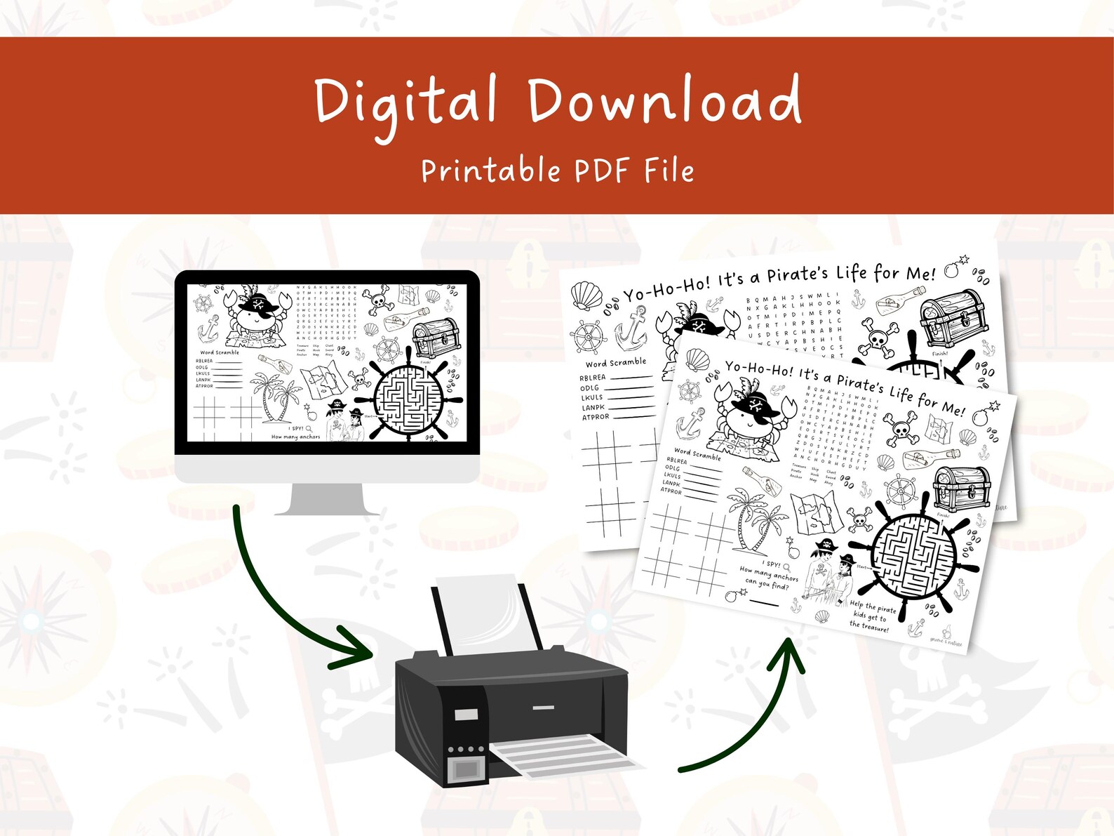 Pirate Activity Placemat: Kids Coloring, Maze, Word Games (digital ...