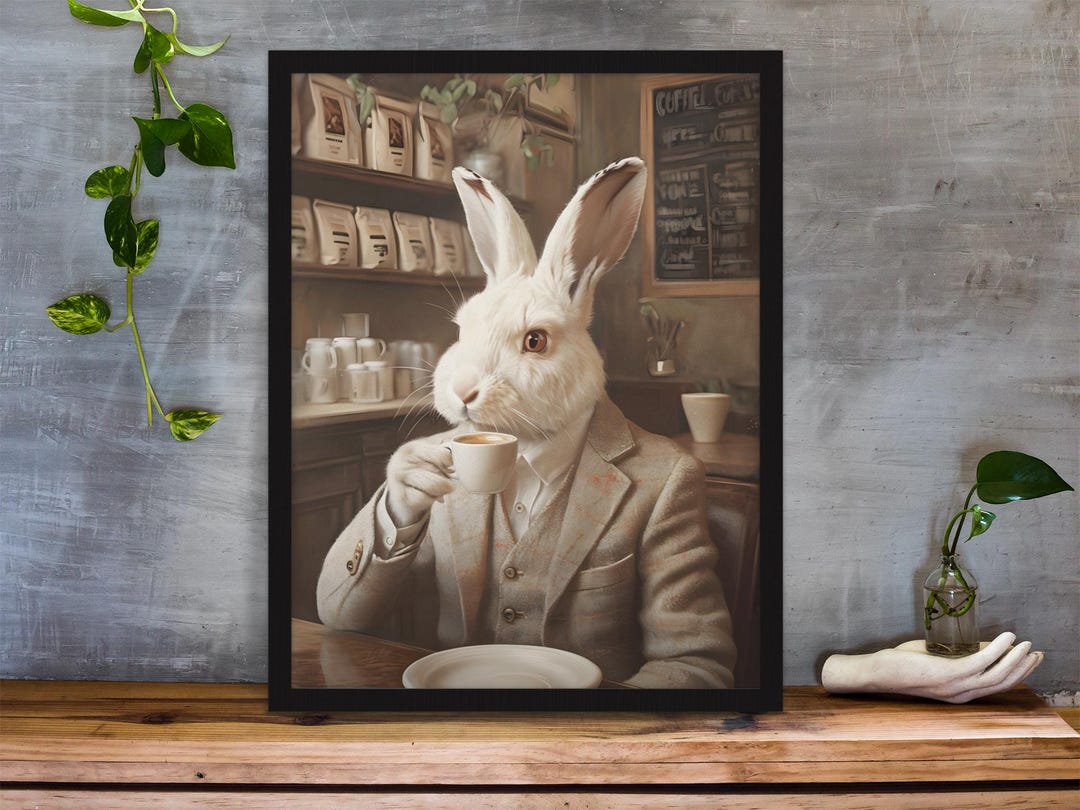 Albino Jack Rabbit, Drinking Coffee Digital Print, Animal Art ...