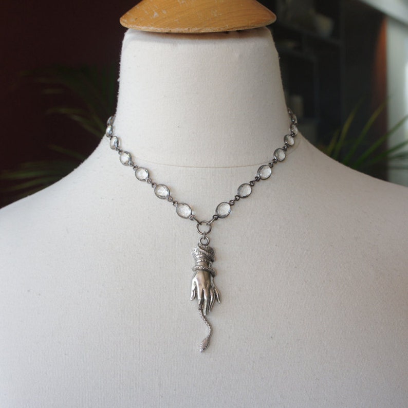 Antique Style Hand Holding Snake Necklace With Bezel Set Rock Crystal ...