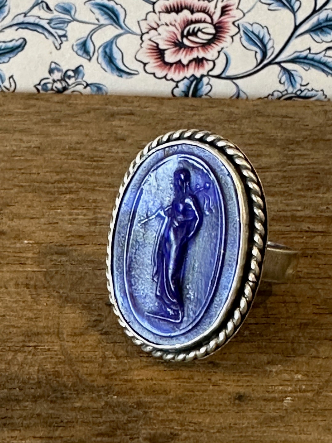 RAVING ONE Sterling Silver Ring Set With Blue Glass Cameo of a Dancing ...