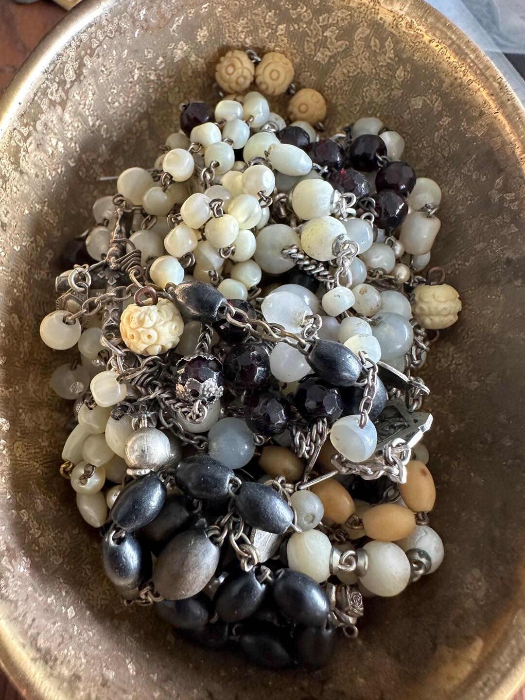 Antique French Rosary Beads Lot: Mother of Pearl, Bone, Metal Fragments ...